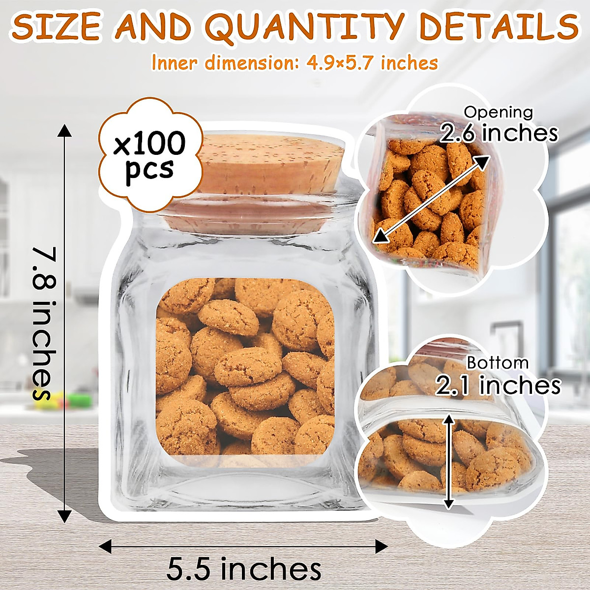 100 pcs Reusable Mason Jar Bags,Large Food Storage Ziplock Bags,5.5" X 7.8" Cute Plastic Zipper Leakproof Bags for Freezer Kitchen Camping Picnic Organizer