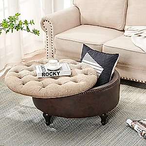 Nathaniel Home Upholstered 30" Round Storage Vegan Leather Ottoman, Leather Button Tufted Ottoman with Fabric Removable Lid, Bench with Wood Legs, Light Brown/Dark Brown