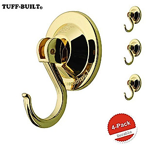 Tuff Built Suction Cup Hooks, 4-Pack Strong Vacuum Utility Hooks for Kitchen Shower Bath, for Coat Hat Towel Robe, Gold Chrome