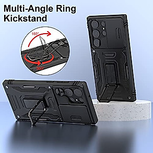 Samsung Galaxy S23 Ultra Case with Slide Camera Cover Polycarbonate Shockproof Phone Case with 360°Rotate Magnetic Ring Stand for Galaxy S23 Ultra 6.8 inch - Black