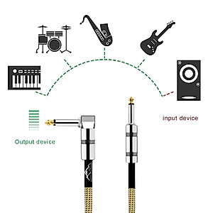 EASTROCK 1/4 inch Guitar Instrument Cable 10/20 Foot Right Angle to Straight Tweed Cloth Jacket Guitar Cable Input for Electric Guitar, Bass, Amp, Keyboard, Mandolin, Mixing Desks (10 Foot Yellow)