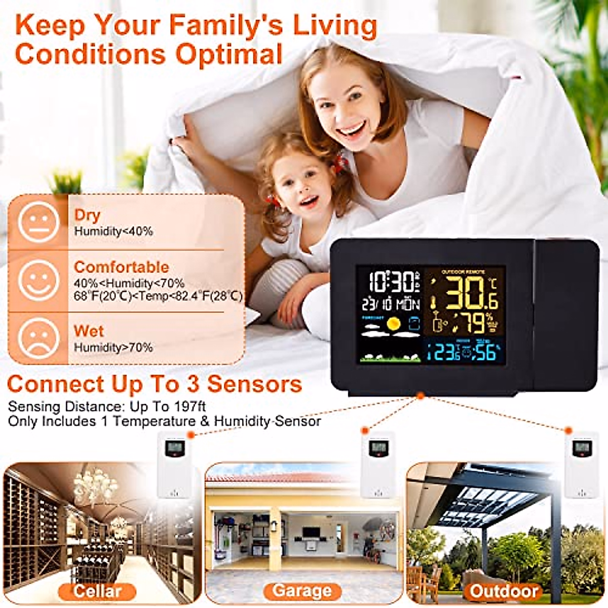 iMounTEK Atomic Projection Alarm Clock Digital Alarm Clock Night Light Clock Radio Control Clock with WWVB Function Weather Station Dual Alarms Snooze Outdoor Wireless Temperature Humidity Sensor