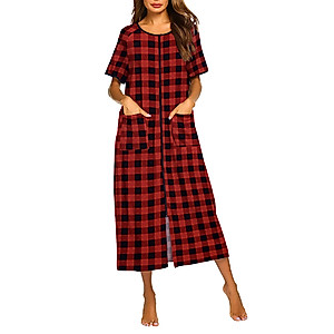 Ekouaer Women Robes Zipper Front Short Sleeve Full Length Housecoat with Pockets Loungewear Red Plaid,2XL