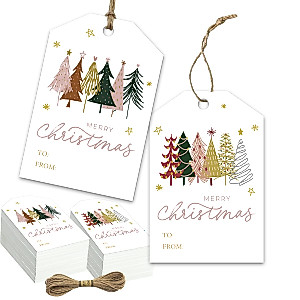 50Pcs Christmas Gift Tags with Hemp Rope Christmas Paper Gift Tags Holiday Hang Name Tags Label Watercolor Plants Wishes Labels Xmas Gift Favor Tags for Xmas Party Decor (50, Rectangular)