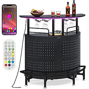 Tribesigns Home Bar Unit with LED Lights, 3 Tier Liquor Bar Table with Stemware Racks & Wine Storage Shelves, Smart Alcohol Bar Counter Wine Bar Cabinet Mini Bars for Home Kitchen Pub, Black