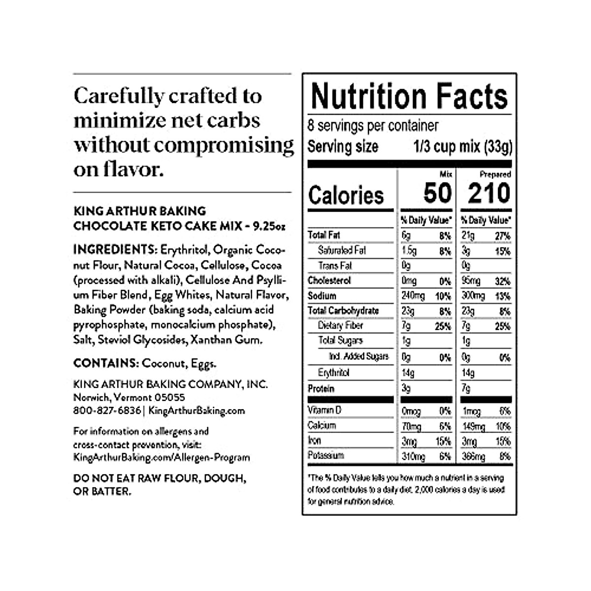 King Arthur Baking Keto Cake Mix, Chocolate, 2g Net Carbs 0g Added Sugar Per Serving, Low Carb & Keto Friendly, 9.25oz, White