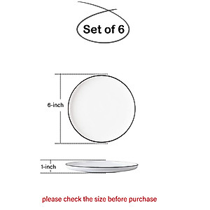BonNoces 6-inch Small Porcelain Appetizer Plates, White with Black Edges Dinner Side Dishes Serving Plate, Dessert, Salad, Snacks Plate, Set of 6
