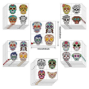 Day of the Dead Sugar Skull Tattoos(100Counts),Konsait Halloween Temporary Face Tattoos Sugar Skull Puppy Black Skeleton Web Red Roses Tattoo for kids Boys Girls Mexican Halloween Party Favor Supplies