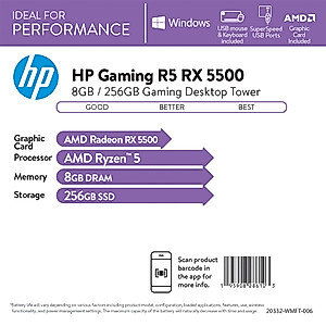 HP Pavilion Gaming Desktop PC - AMD 6-Core Ryzen 5 5600G Processor, AMD Radeon RX5500, 8GB RAM, 256GB PCIe NVMe SSD, Win 10 Home (Renewed)