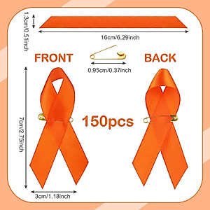 150 Pieces Orange Ribbon Satin Pins Awareness Pins Leukemia Lymphoma Cerebral Cancer Awareness Pins Orange Brooch with Safety Pins for Women Man Charity Public Social Event