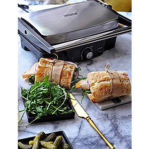 IMUSA USA Electric Stainless Steel Panini Press with Adjustable Temperature Settings and Nonstick Plates, 1200W