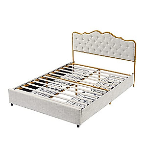Maxzzz Queen Size Bed Frame with Four Storage Drawers & Upholstered Headboard - Elegant Golden Paint Finish, Sturdy Metal & Solid Wood Construction, No Box Spring Needed, Light Gray