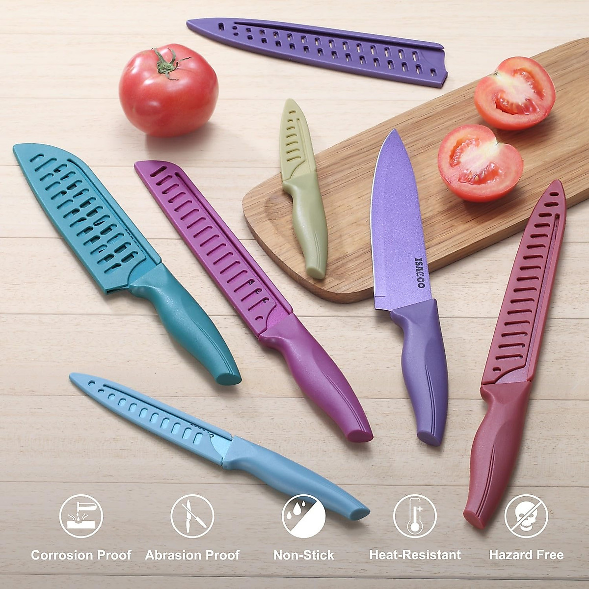 ISACCO Knife Set,12pcs Kitchen Knife Set,Non-stick Food Grade Coating,Utility Knives with Blade Guards,Ultra-Sharp High Carbon Stainless Steel Knives,Dishwasher Safe(Pass the FDA Certificate)