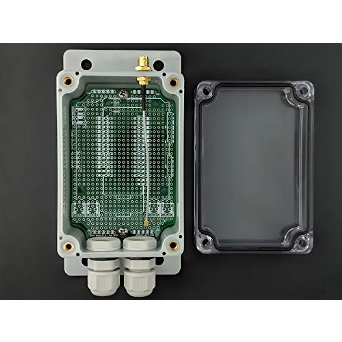qBox DIY IOT Enclosure Plus Kit (One SMA), IOT Enclosure for Arduino MKR Feather ESP32 Cellular LoRa WiFi Board, Waterproof IP65 Enclosure with Glands, prototyping PCB, connectors Set and SMA