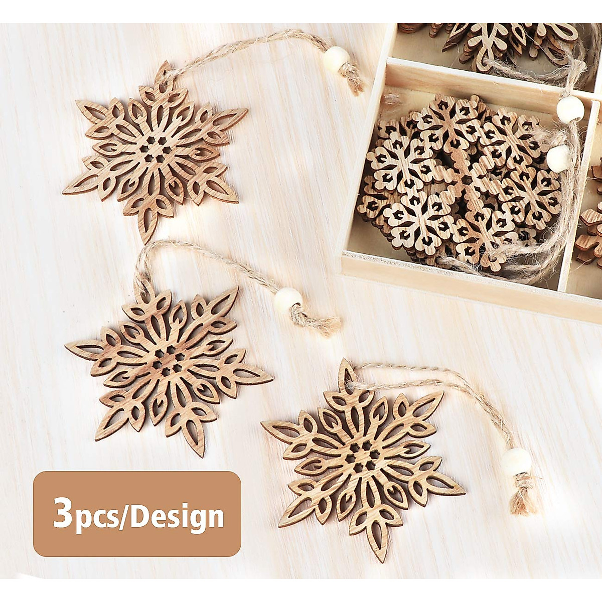 ilauke 12pcs Wooden Snowflakes Decorations 3 inch Christmas Ornaments Wood Hanging Ornament Rustic Farmhouse Christmas Craft Supplies