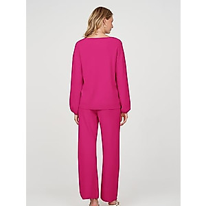 MEROKEETY Women's 2 Piece Outfits Long Sleeve V Neck Knit Pullover Tops and Wide Leg Pant Lounge Set,Rose,M