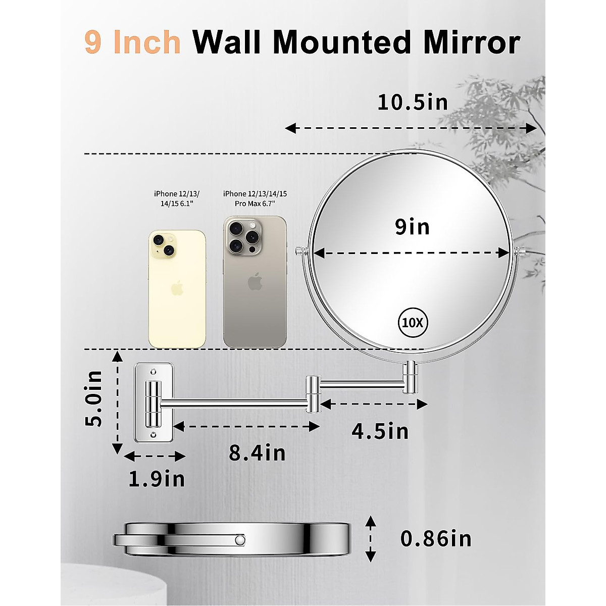 Gospire 9" Large Size Wall Mount Makeup Mirror with 1X/10X Magnification Double-Sided 360° Swivel Vanity Mirror，Chrome Polished Extendable Shaving Bathroom Wall Cosmetic Mirror for Men and Women