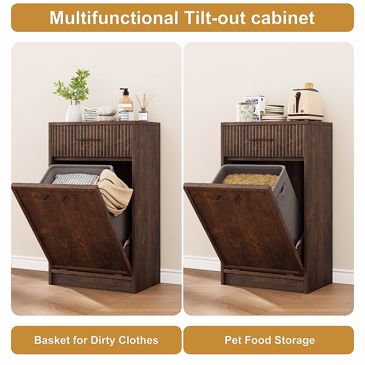 GAOMON Fluted Tilt Out Trash Can Cabinet, Hidden Garbage Can Cabinet 10 Gallon, Freestanding Dog Proof Trash Can Cabinet, Wooden Trash can for Kitchen Dining Living Room, Brown Cherry