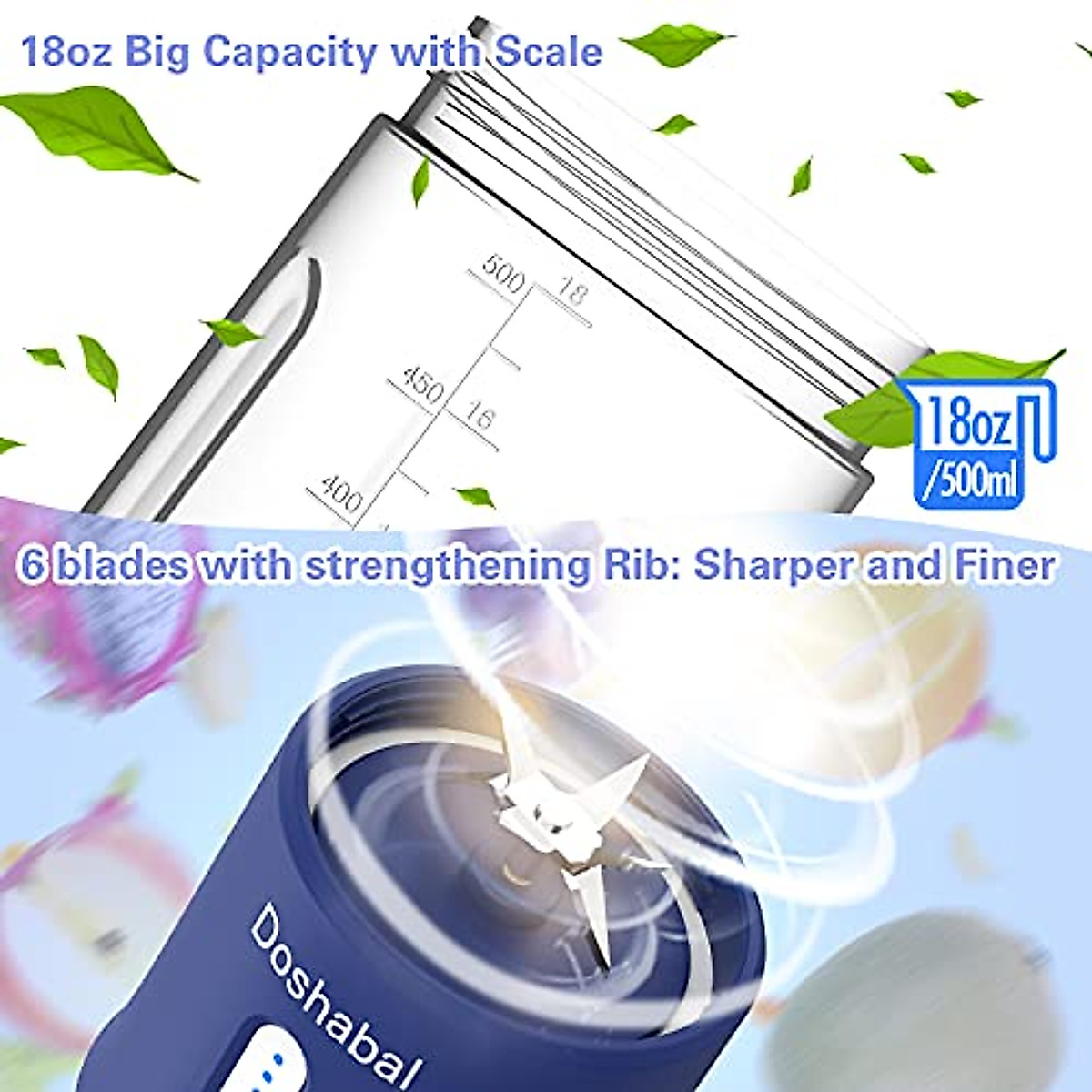 Doshabal Personal Blender, Portable Smoothie Blender on the go, Powerful Blender 18oz Navy Blue