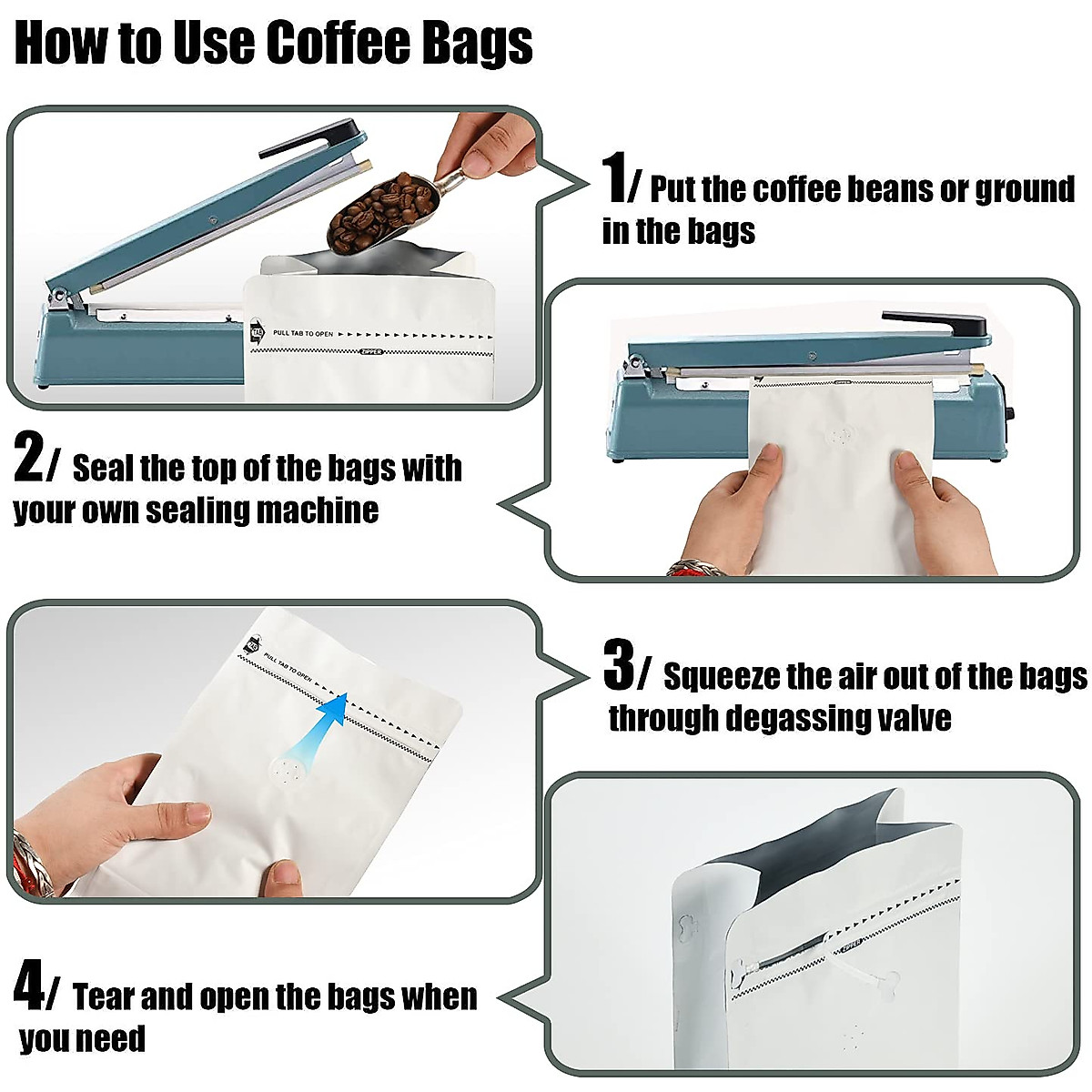 50 Count 8 Ounce Matt White Aluminum Foil Coffee Bags, Stand Up/Flat Bottom Side Gusset Coffee Pouches with Air Release Valve and Reusable Side Zipper (50, 8OZ, 0.5LB, 250G)