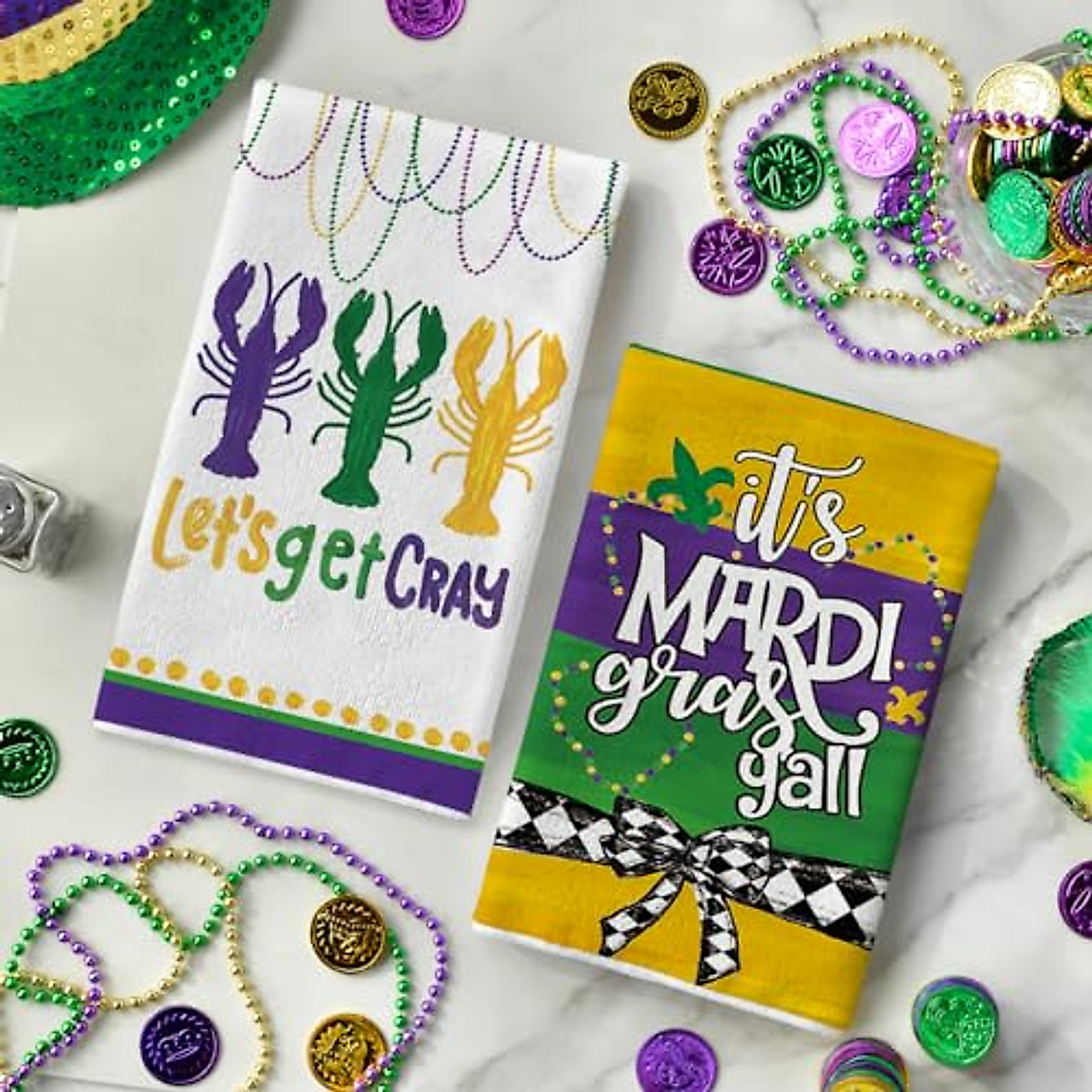 Artoid Mode Let's Get Cray Elegant Stripes Mardi Gras Lobster Kitchen Towels Dish Towels, 18x26 Inch Seasonal Decoration Hand Towels Set of 2