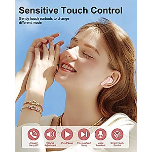 True Wireless HiFi Earbuds，Bluetooth Headphones with 4 Speakers,Hi-Res Audio 30H Playtime Earphones with LED Display Charging Case, Touch Control in-Ear Earbuds with Mic for Phones Games Sports Pink