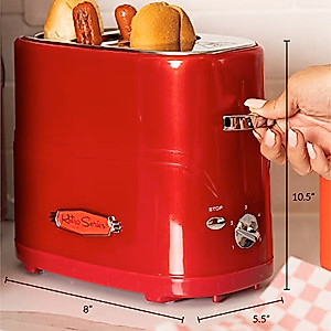 Nostalgia 2 Slot Hot Dog and Bun Toaster with Mini Tongs, Retro Hot Dog Toaster, Hot Dog Cooker that Works with Chicken, Turkey, Veggie Links, Sausages and Brats, Metallic Red