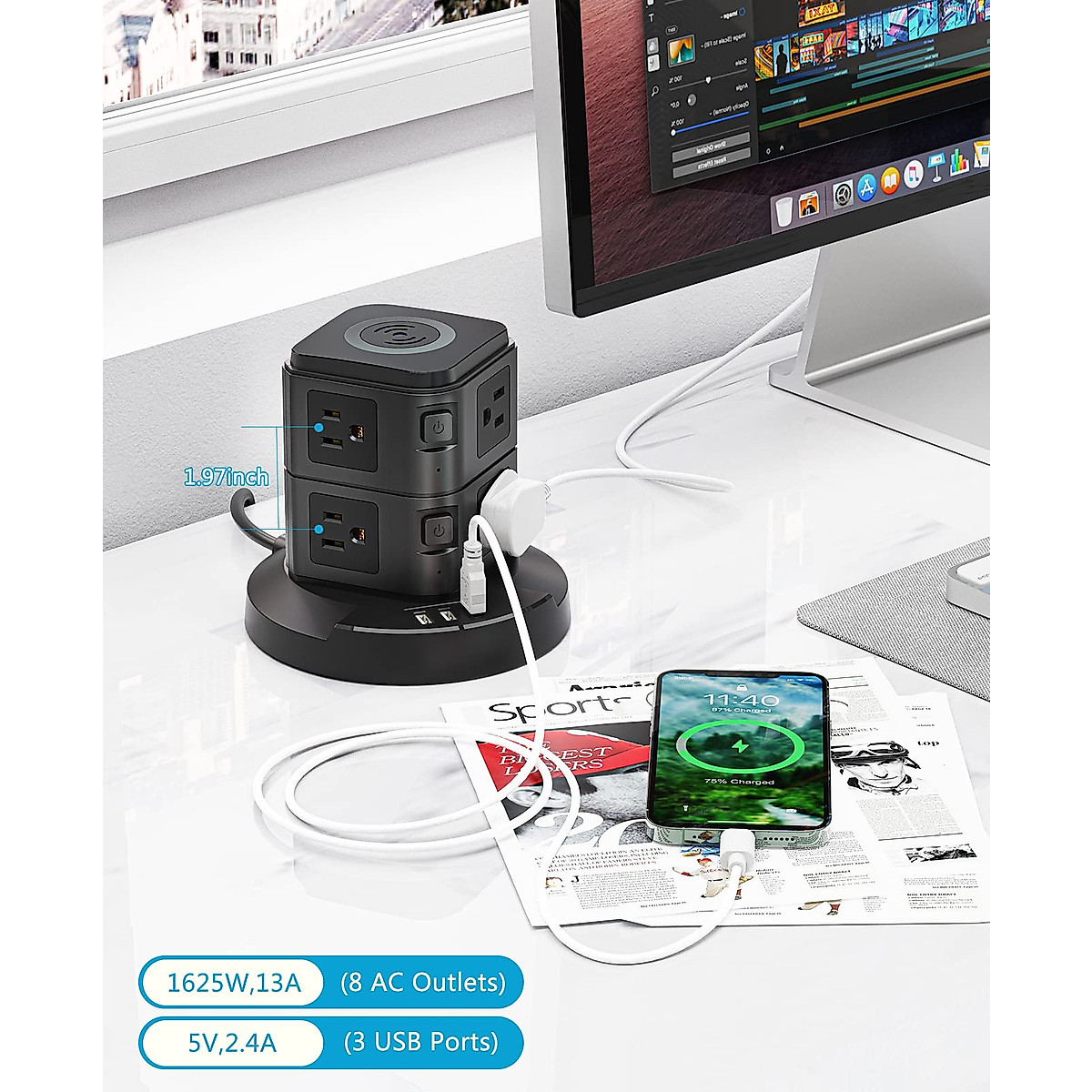 Power Strip Tower Surge Protector, Extension Tower with Wireless Charging, Vertical Charging Station with 8 Plug 3 USB Ports, for Home Office Hotel Dorm,Black