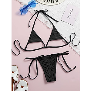 Milumia Women's 2 Piece Bathing Suit Cut Out Tie Halter Solid Bikini Swimwear Black Medium