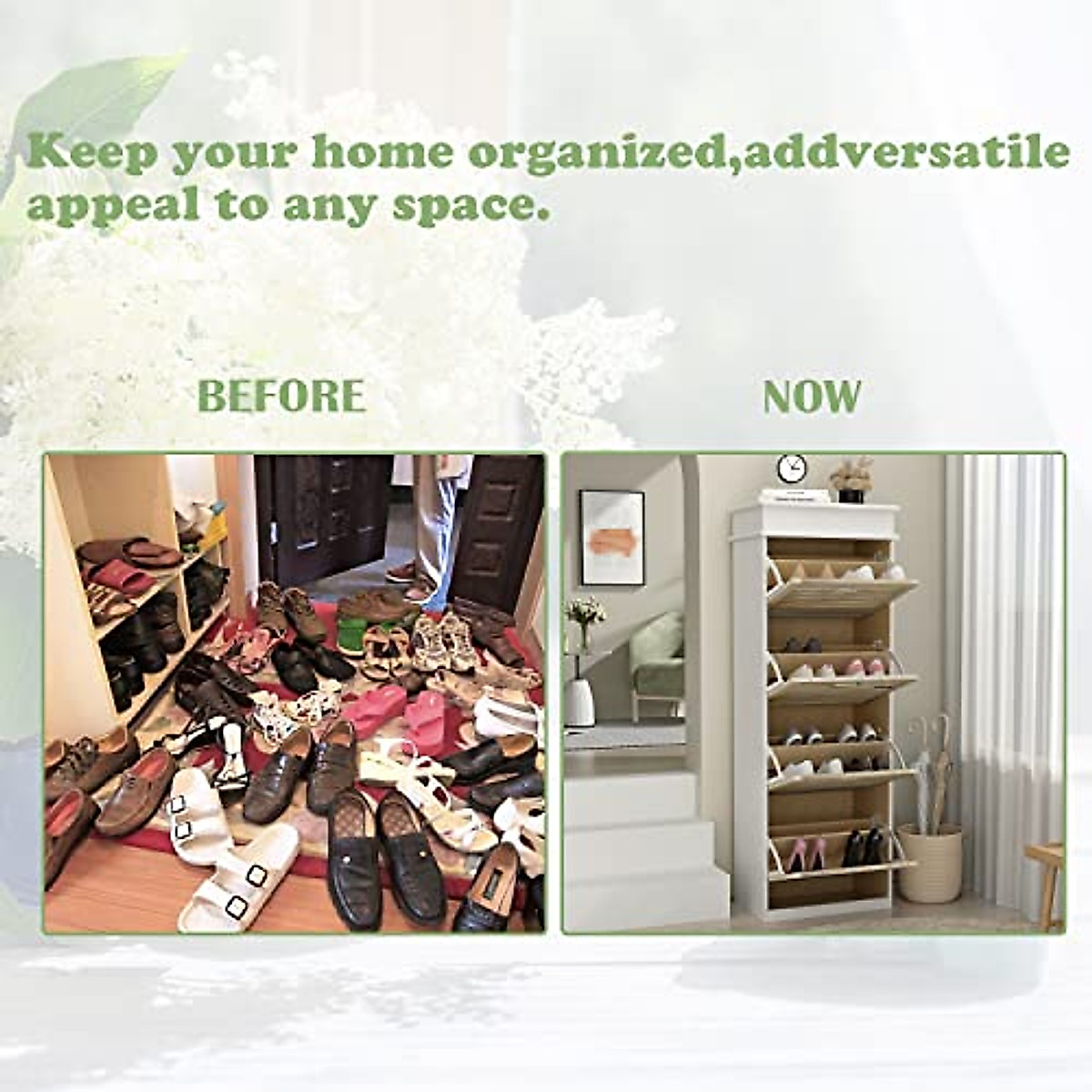 AGOTENI Tall Shoe Cabinet with 4 Flip Drawers, Narrow Storage Cabinet, Wood Shoe Storage for Hallway Entrance, White+Natural (21.7”W x 9.8”D x 64”H)