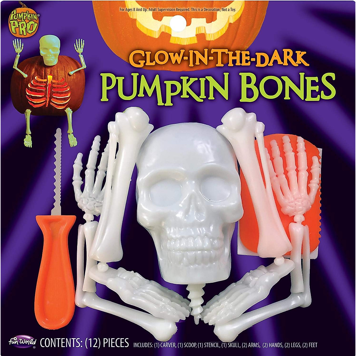 FunWorld Halloween Glow in The Dark Skellington Bones Pumpkin Carving & Decorating Kit