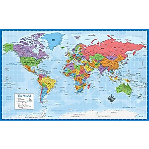 3 Pack - Illustrated World Map & USA Map for Kids + World Map Poster [Blue Ocean] (Laminated, 18" x 29")