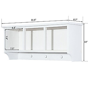 HOMCOM 32" Coat Rack Wall Mounted with Shelf, Rustic Entryway Storage Organizer with 3 Hooks 3 Baskets for Hats - Antique White