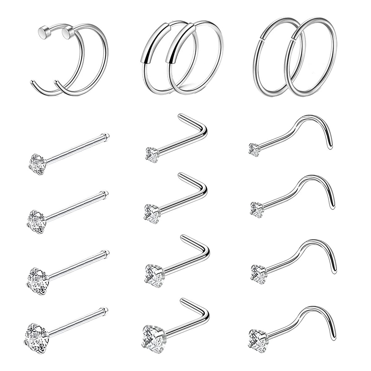 prgislew Nose Piercing Kit Piercing Kit Includes Nose Stud Rings 316L Steel Piercing Needles and Piercing Clamps Nose Nail Piercing Hoops for Nose Piercing Tools, Piercing Supplies