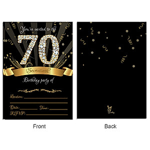 JT Studios 70th Birthday Party Invitations 5x7 Black & Gold Cards with Envelopes and Gold Metallic Pen (Pack of 25)