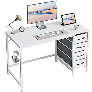 CubiCubi 40 Inch Computer Reversible Desk with 4 Storage Drawers, Small Home Office Kids Student Writing Study Work Table for Bedroom, White
