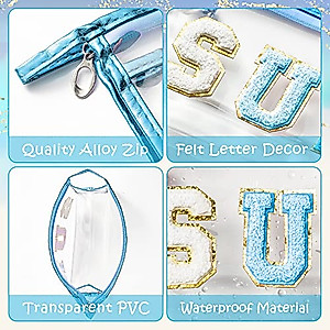 Y1tvei Preppy Patch SUN Varsity Letter Cosmetic Toiletry Bag Transparent PVC Zipper Makeup Bag Clutch Purse Portable Waterproof Travel Organizer Compliant Bag for Women Girls Teens (Blue)