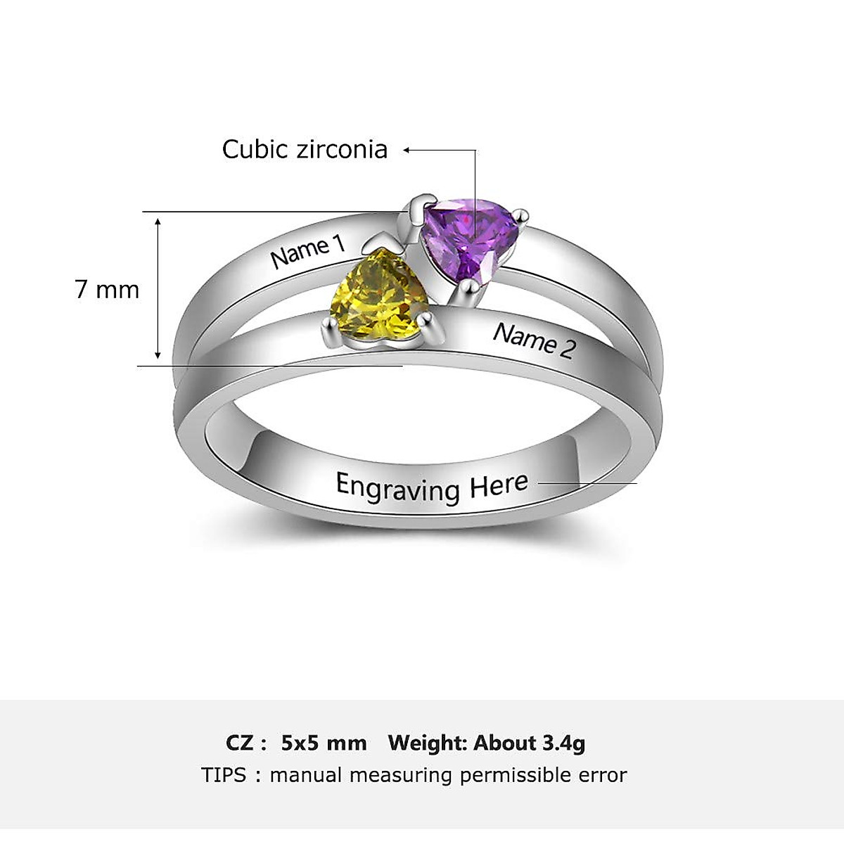 Ashleymade Heart Promise Rings for Her Personalized 2 Names 2 Simulated Birthstone Mother Daughter Rings Engagement Rings for Women (Silver, 9)