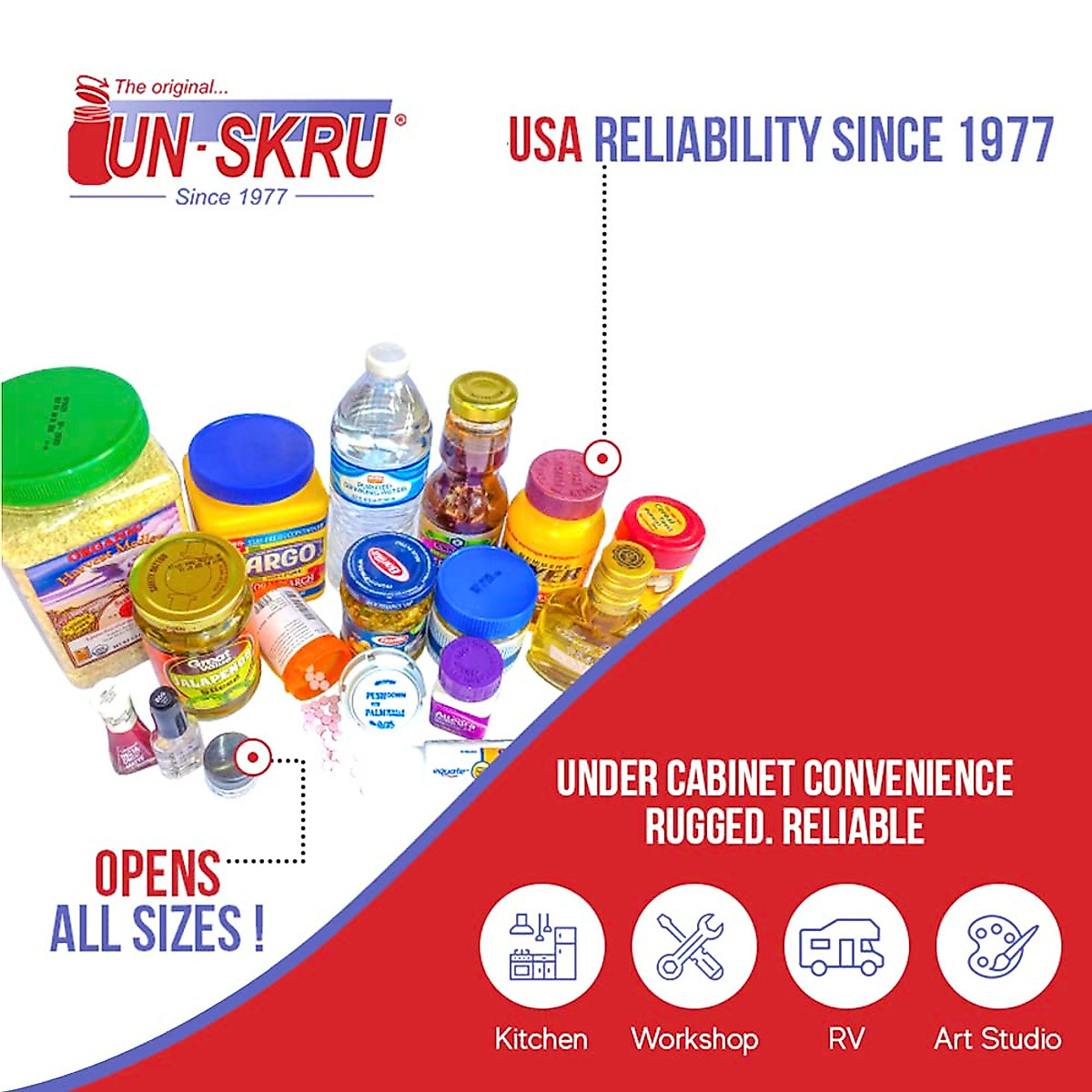 UN-SKRU Jar Opener - Under Cabinet Bottle & Jar Lid Opener for Arthritis, Weak Hands, Seniors – One Handed, Easy Grip Universal Lid Gripper Tool for Jars, Bottles & Containers – Removes Tight Jar Lids