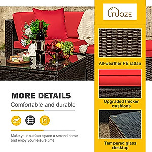 Tuoze 5 Pieces Patio Furniture Sectional Outdoor All-Weather PE Rattan Wicker Lawn Conversation Cushioned Garden Sofa Set with Glass Coffee Table (Red)