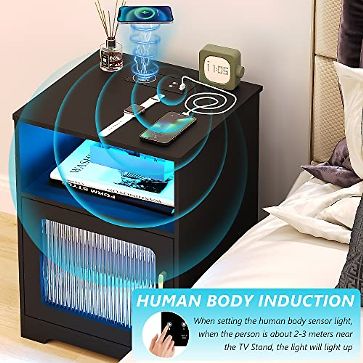 HNEBC Auto LED Nightstand with Charging Station, Smart Night Stand with Wirelss/USB/Type-C, Bedside Table with Body Sensing Lights (Black)