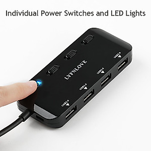 Multi USB Port Expander, LYFNLOVE Ultra Slim USB Hub 3.0, 4-Ports USB Splitter High-Speed USB Data Hub with Individual On/Off Power Switches for Laptop, Computer, PC, Thumb Driver and More