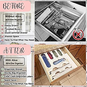 Alice 7 IN 1 Ziplock Bag Storage Organizer for Kitchen Drawer and Plastic Wrap Dispenser with Cutter | Bamboo Foil and Plastic Wrap Organizer | Compatible with Gallon, Quart, Sandwich, Snack