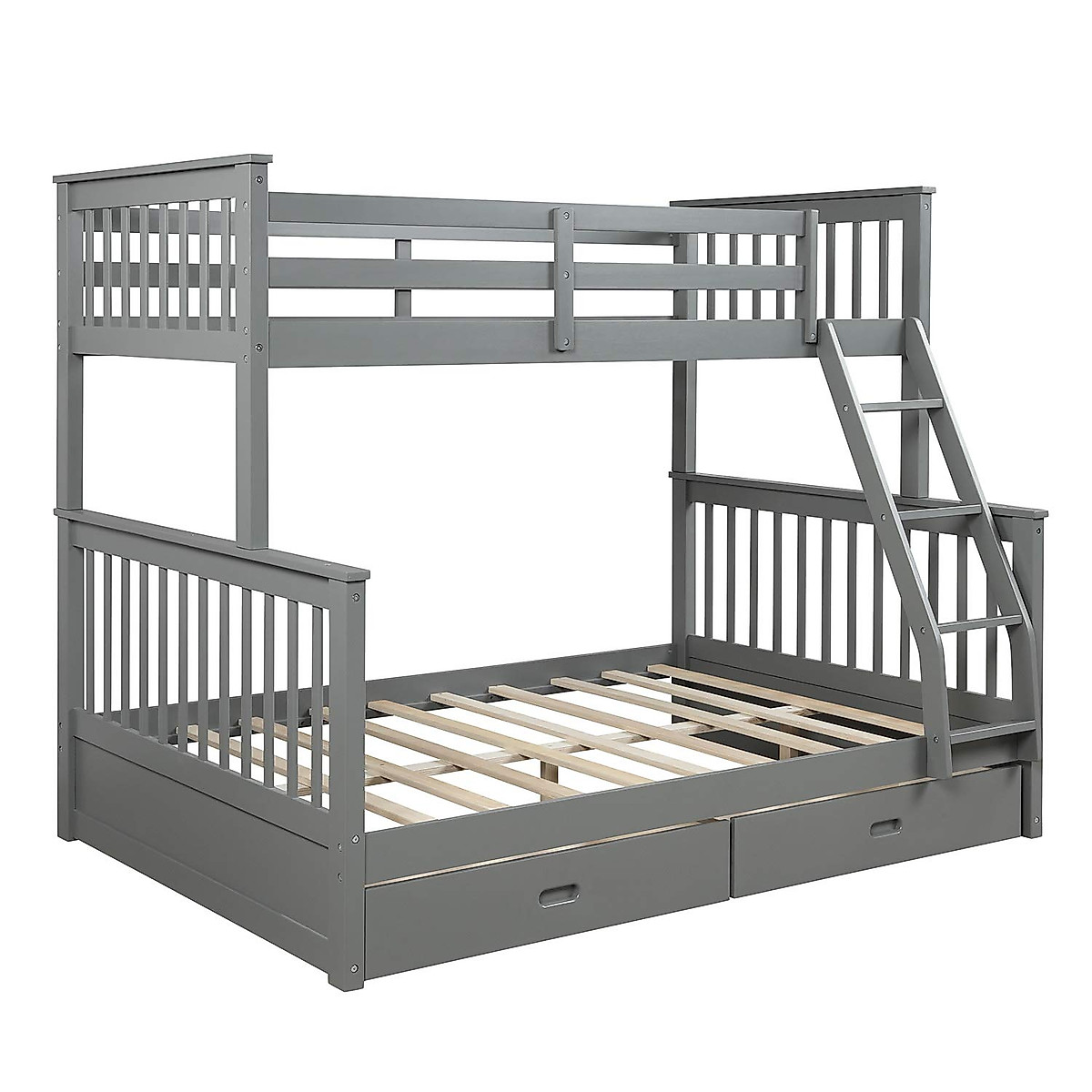 Twin Over Full Bunk Bed, Twin Over Full Bunk Bed with 2 Storage Drawers, Solid Wood Bunk Bed Frame with Guardrails and Ladder for Kids Boys Girls Teens Adults, No Box Spring Needed, Grey