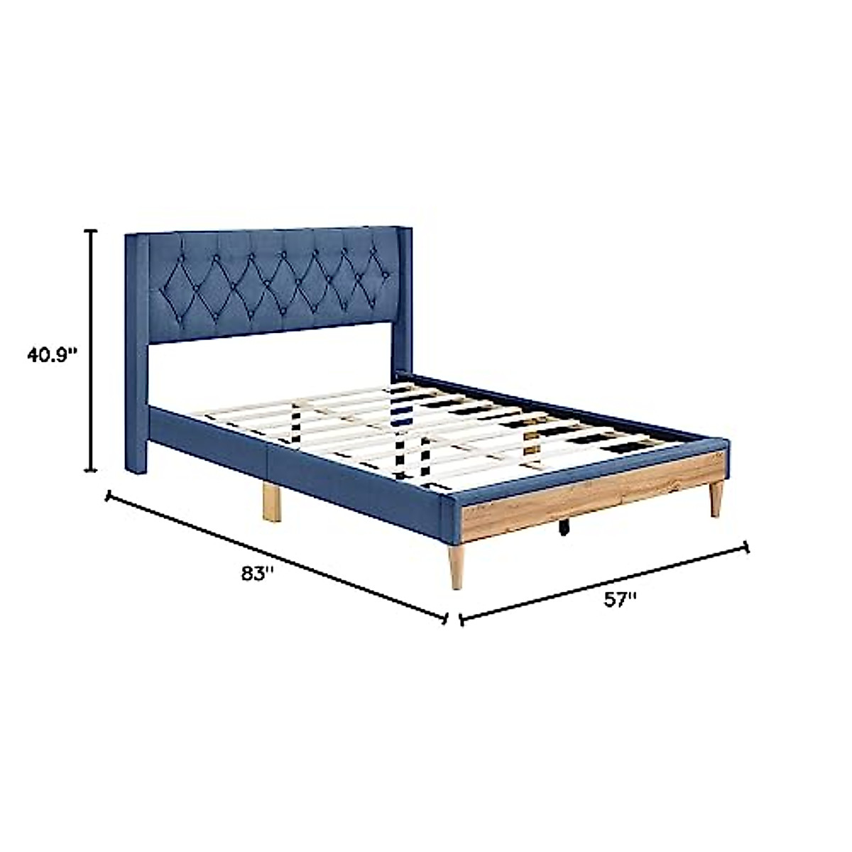 Lifeand Full Size Upholstered Platform Bed with Rubber Wood Legs,No Box Spring Needed, Linen Fabric,Blue
