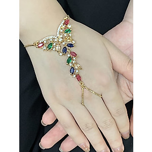Boho Butterfly Finger Ring Bracelet for Women Girls 14K Gold Plated Colorful Cubic Zirconia Slave Hand Chain Harness Bangle Gypsy Bollywood Wedding Birthday Christmas Party Y2K Jewelry Delicate Gift