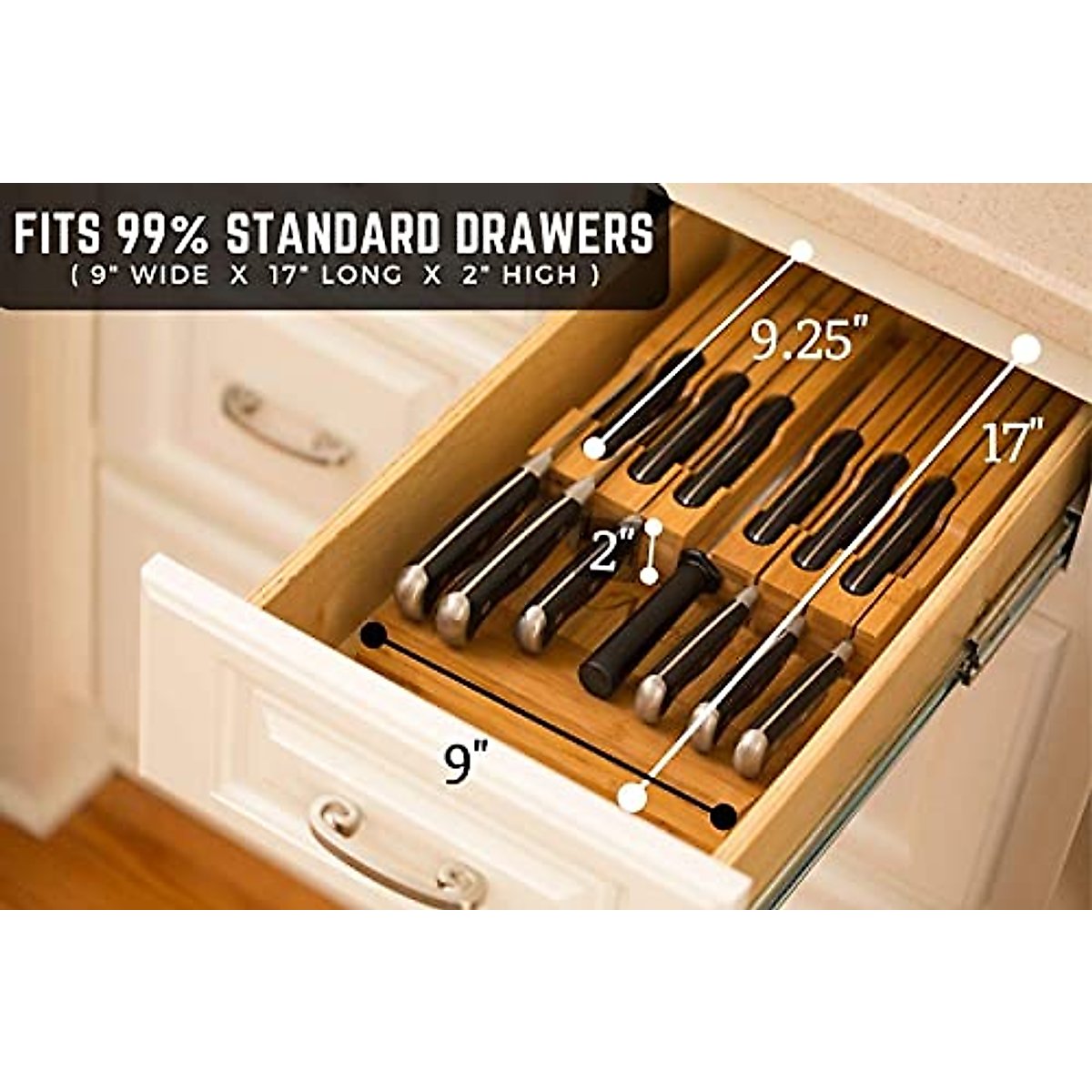 In-Drawer Bamboo Knife Block Holds 12 Knives (Not Included) Without Pointing Up PLUS a Slot for your Knife Sharpener! Noble home & chef Knife Organizer Made from Quality Moso Bamboo