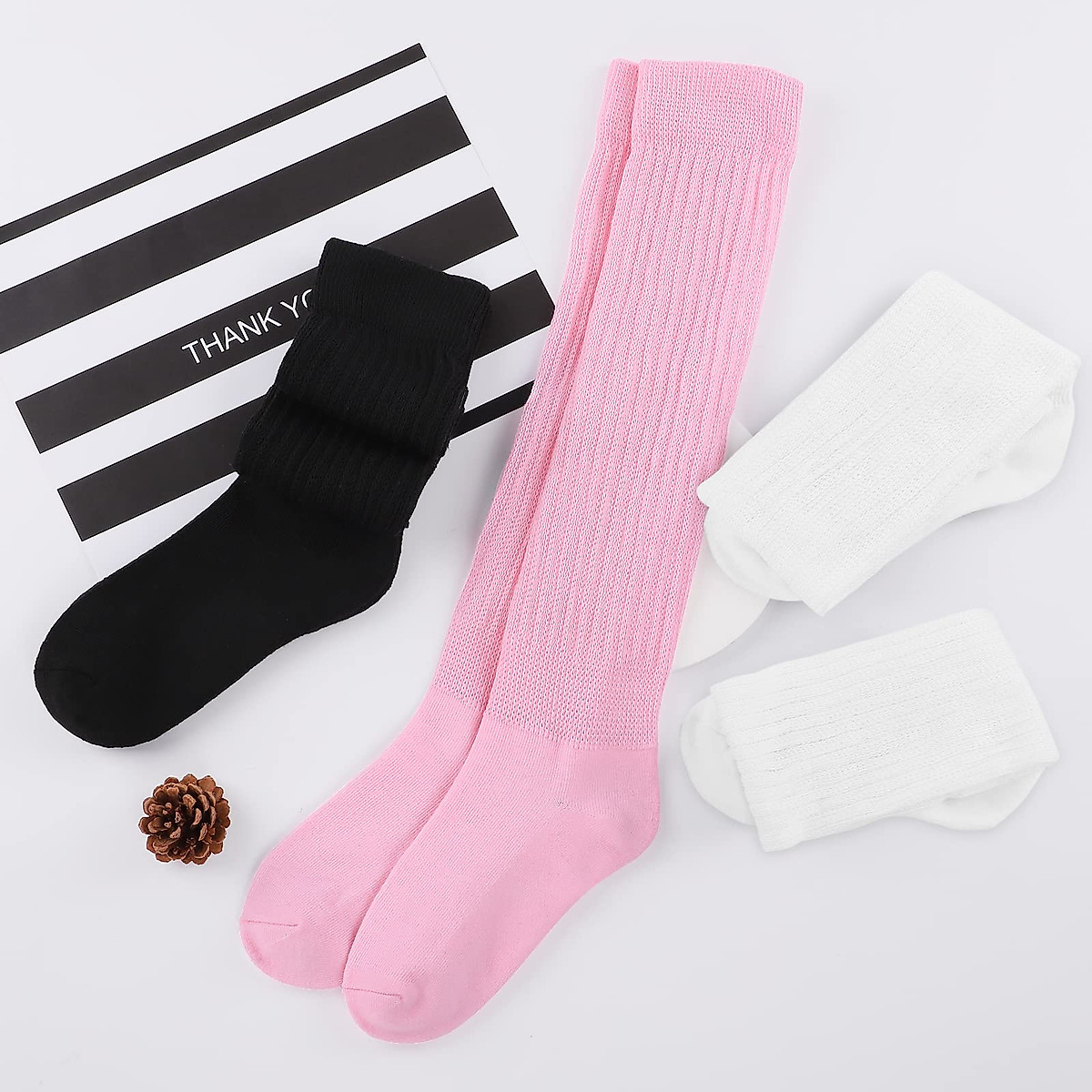 Witwot 3 Pair Womens Slouch Socks Cotton Knee High Tube Scrunch Sock Black-White-Pink
