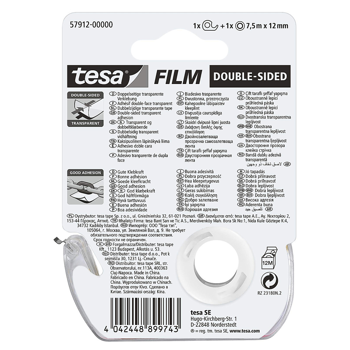 tesafilm Double-Sided Adhesive Tape - Easy hanging of Paper, Photos and Decorations, 1 Roll, 24.6 ft x 0.5 in, Transparent