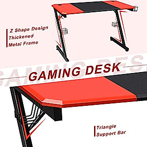 POWERSTONE Gaming Desk - Computer Desk 47" with Cup Holder Audio Stands Headphone Hook and 2 Cable Management Holes Large Gamer Workstation for Kids Adults, Z-Shaped, Red